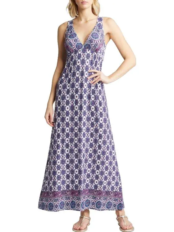 Loveappella Border Print Sleeveless Jersey Maxi Dress - Violet