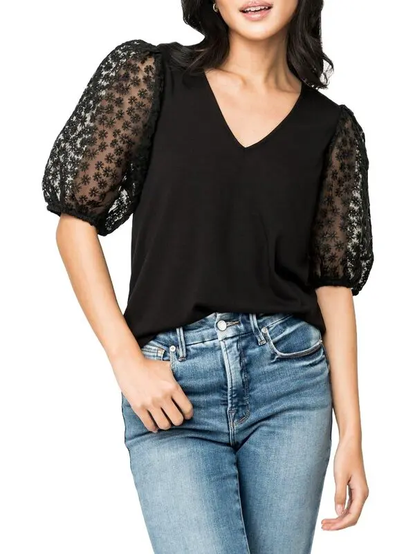 GIBSONLOOK Megan Mixed Media Top - Black