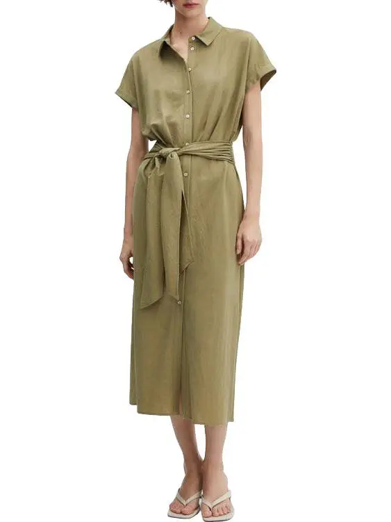 Mango Knot Detail Midi Shirtdress - Khaki Green