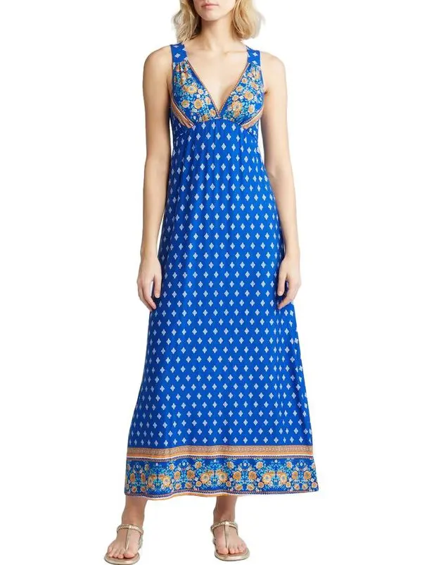Loveappella Border Print Sleeveless Jersey Maxi Dress - Royal
