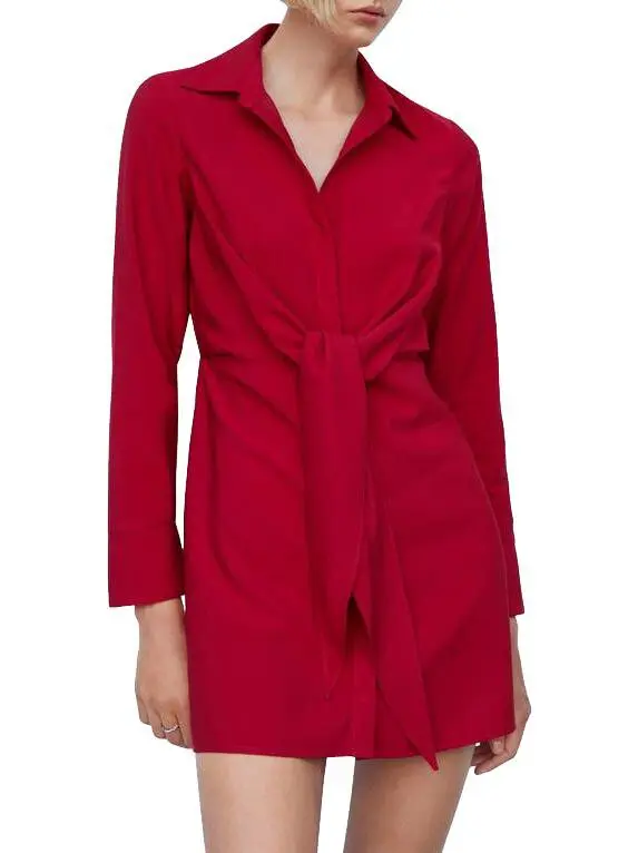 Mango Knot Detail Long Sleeve Mini Shirtdress - Red