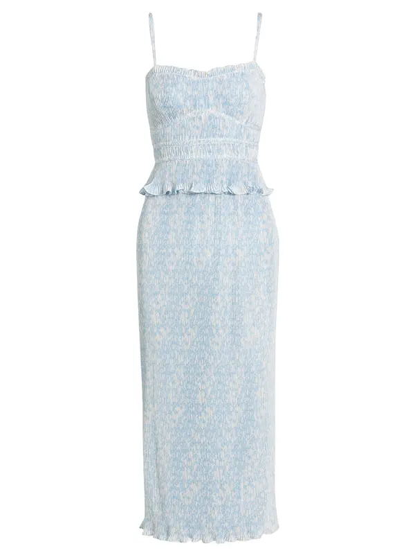 Derek Lam 10 Crosby Brisha Printed Plissé Satin Midi Dress - Sky Blue