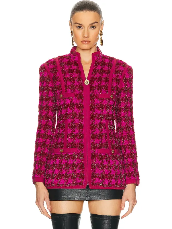 Chanel Shimmer Houndstooth Tweed Jacket - Pink