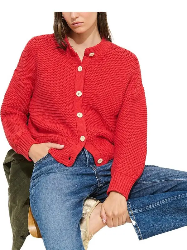 ALEX MILL Nico Crewneck Cotton Cardigan - Berry Red