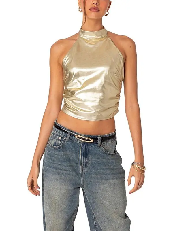 EDIKTED Karter Metallic Halter Top - Gold