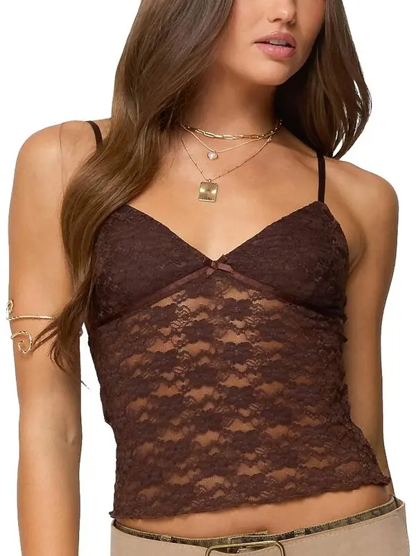 EDIKTED Eira Sheer Lace Tank Top - Brown