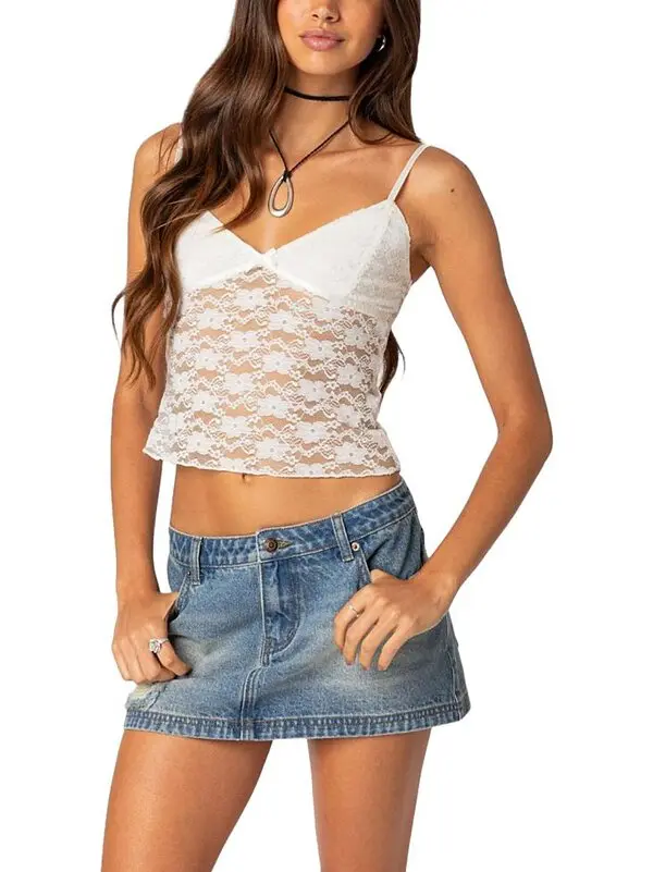 EDIKTED Eira Sheer Lace Tank Top - White