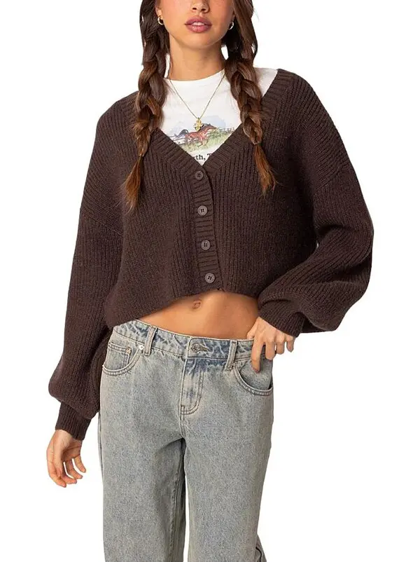EDIKTED Chunky Knit Cropped Cardigan - Brown