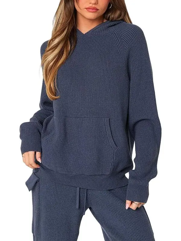 EDIKTED Wynter Oversized Knit Hoodie - Blue