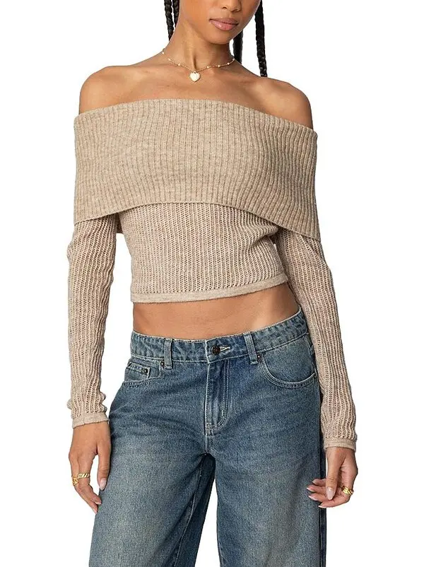 EDIKTED Lili Fold Over Knit Top - Beige