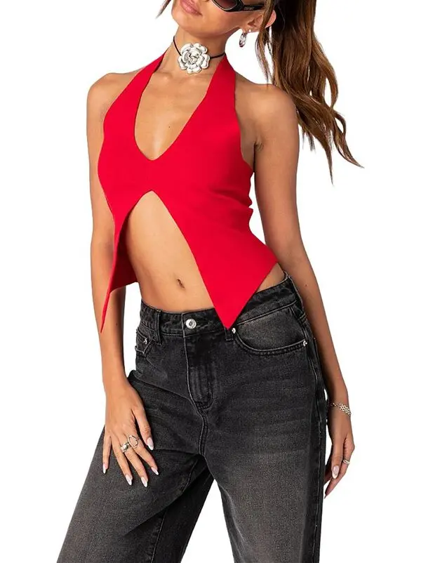 EDIKTED Sculpt Knitted Split Front Top - Red