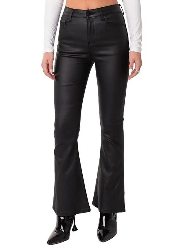 EDIKTED Petite Luna Faux Leather Flare Jeans - Black