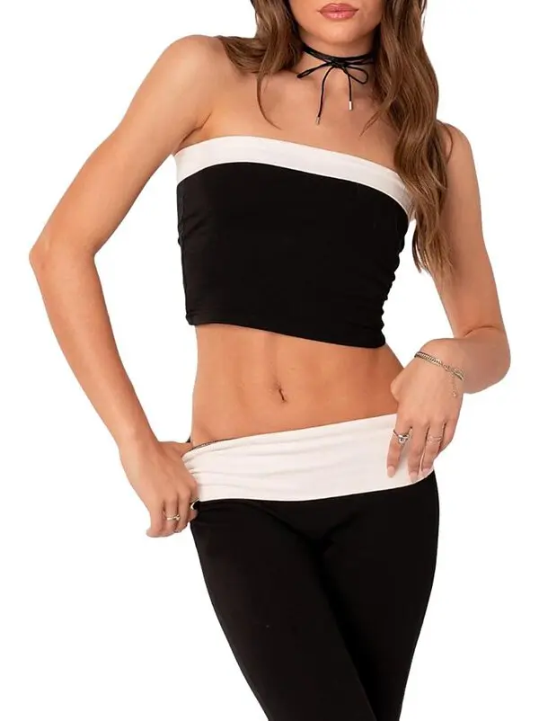 EDIKTED Contrast Fold Over Tube Top - Black And White