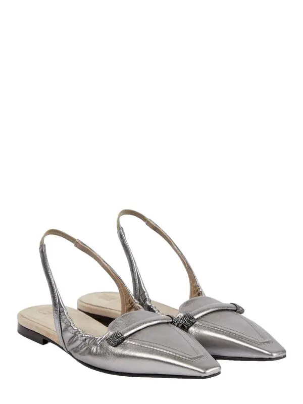 Brunello Cucinelli Metallic Leather Slingback Flats - Silver