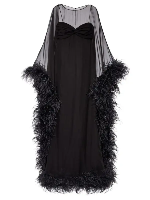 Valentino Garavani Caped Feather-trimmed Silk Gown - Black