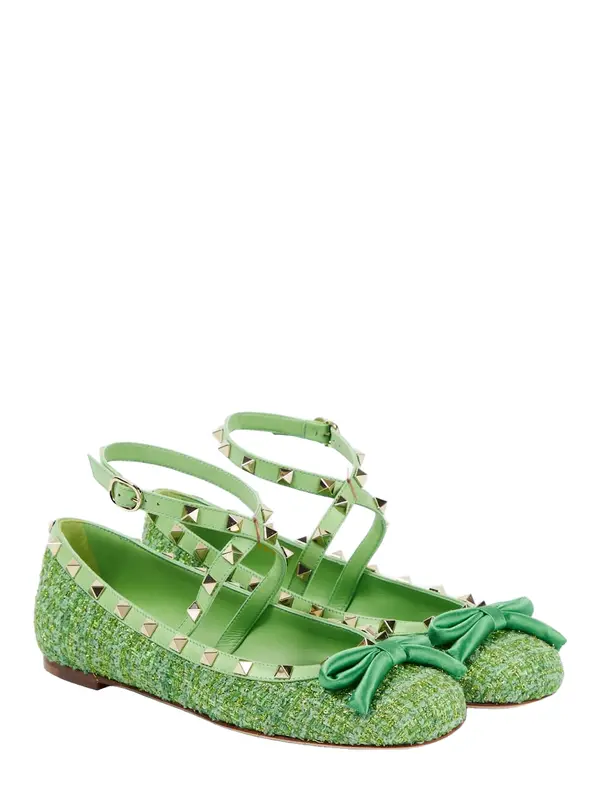 Valentino Garavani Rockstud Tweed Lamé Ballet Flats - Green