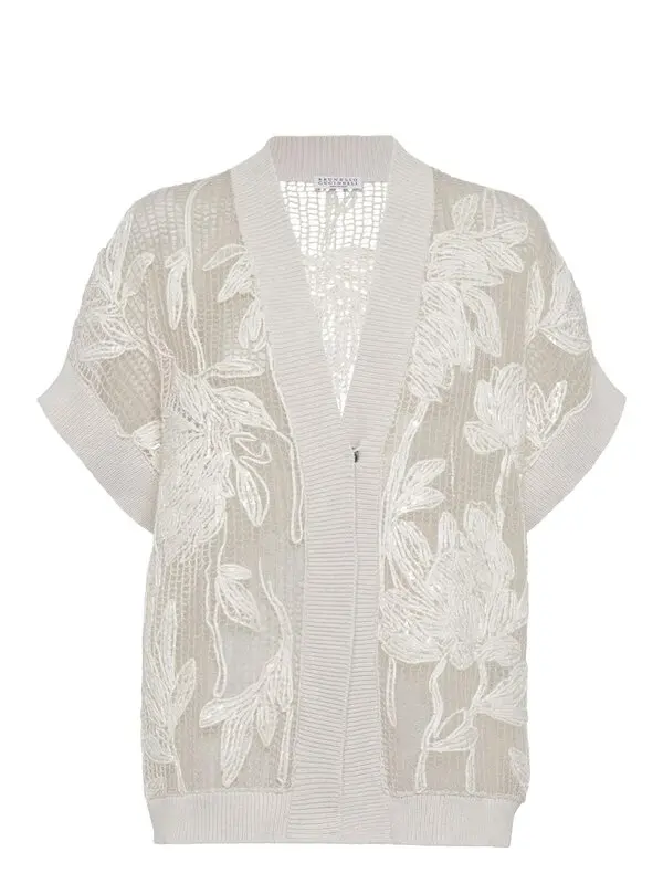 Brunello Cucinelli Floral-embroidered V-neck Cardigan - Neutrals