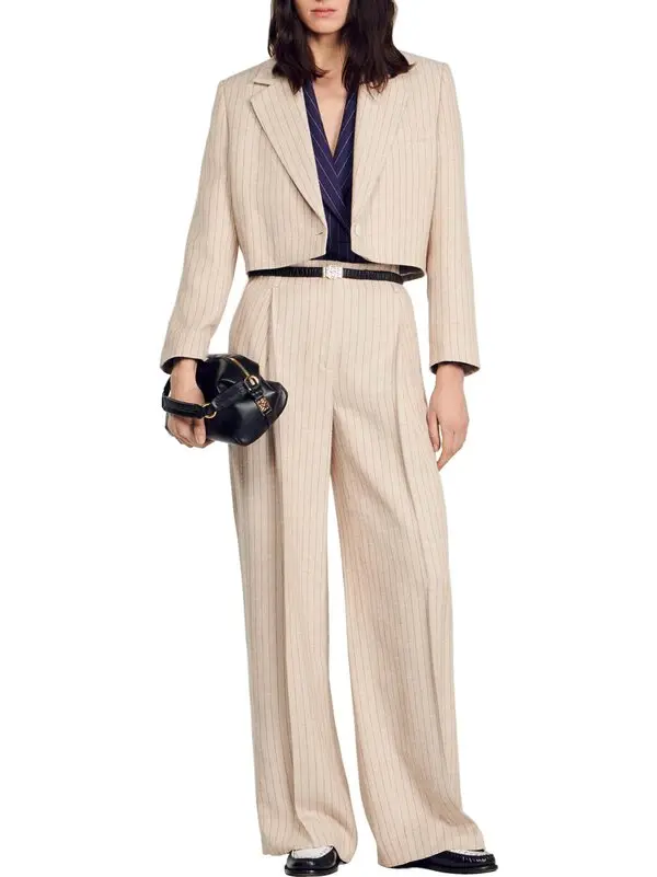 Sandro Striped Cropped Suit Jacket - Beige