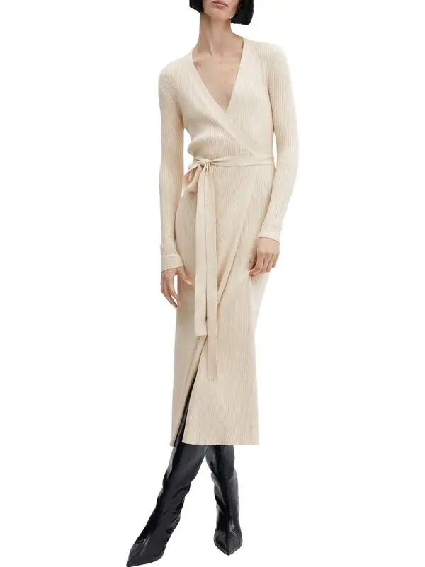 Mango Long Sleeve Wrap Sweater Dress - Beige