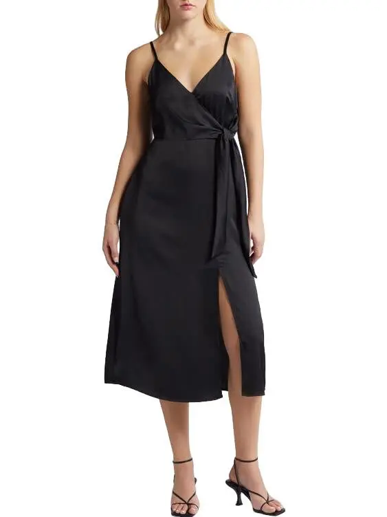 Chelsea28 Side Tie Satin Midi Dress - Black