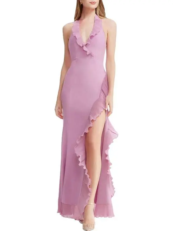 Dress The Population Kathleen Ruffle Halter Gown With Train - Lavender