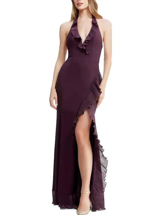 Dress The Population Kathleen Ruffle Halter Gown With Train - Midnight Plum