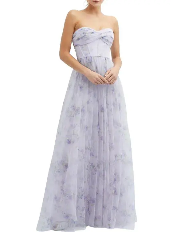 Dessy Collection Floral Print Strapless Tulle Gown - Lilac Haze Garden