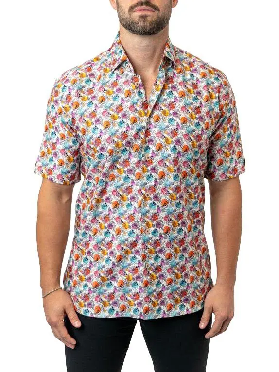 MACEOO Galileo Floral Skull 12 Contemporary Fit Short Sleeve Button-up Shirt - White