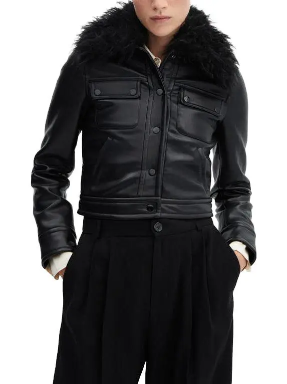 Mango Faux Leather Jacket With Removable Faux Fur Collar - Black
