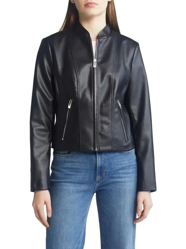 Via Spiga Faux Leather Fitted Jacket - Black