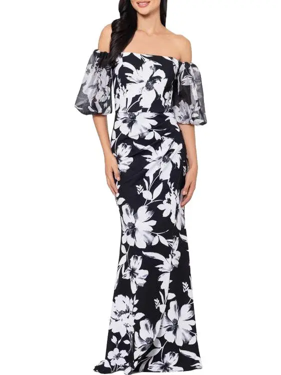XSCAPE EVENINGS Floral Off-the-shoulder Gown - Black/white