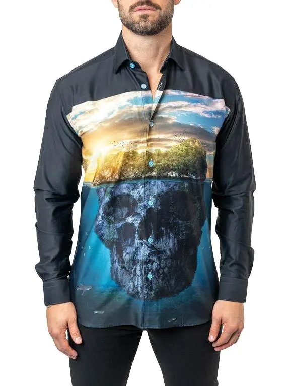 MACEOO Fibonacci Skull Island Cotton Button-up Shirt - Black