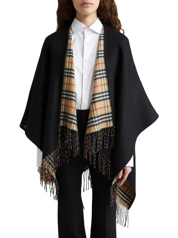 Burberry Reversible Open Front Wool Cape - Black Check