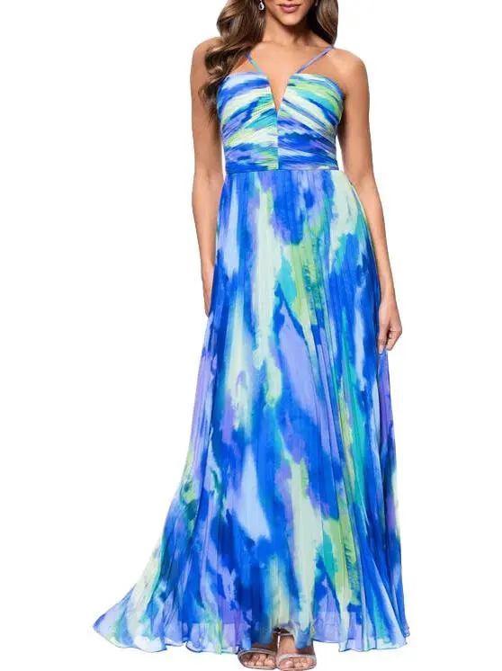 XSCAPE EVENINGS Print Pleated Gown - Lime/ Blue