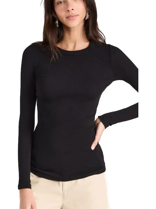 Enza Costa Textured Rib Long Sleeve Tee - Black