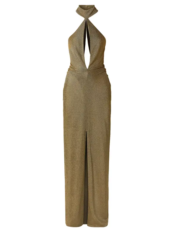 TOM FORD Cutout Metallic Stretch-knit Halterneck Gown - Gold
