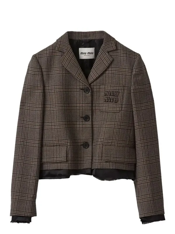 Miu Miu Check-pattern Wool Cropped Jacket - Brown