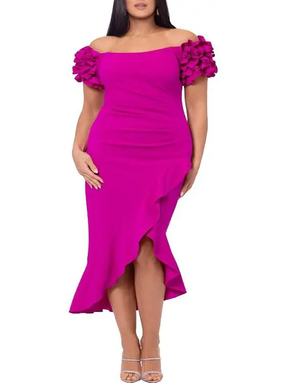 XSCAPE EVENINGS Pleated Ruffle Off-the-shoulder Midi Dress - New Fuchsia