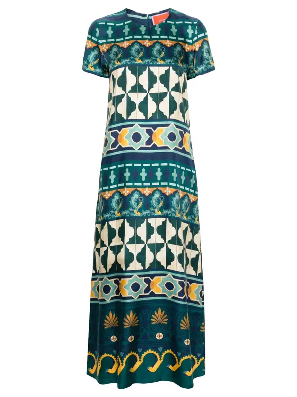 La DoubleJ Geometric-print Silk Swing Dress - Green