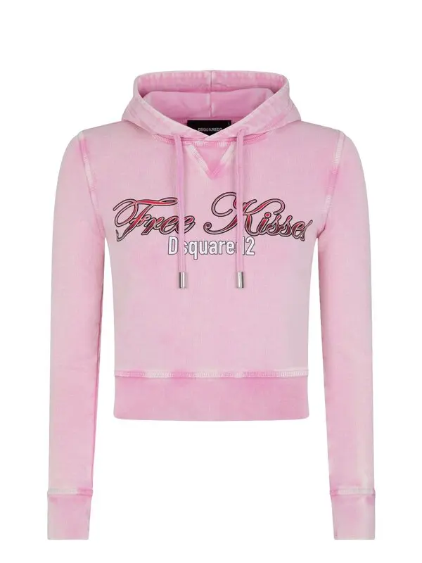 Dsquared2 Cropped Cotton Hoodie With Slogan Print - Pink