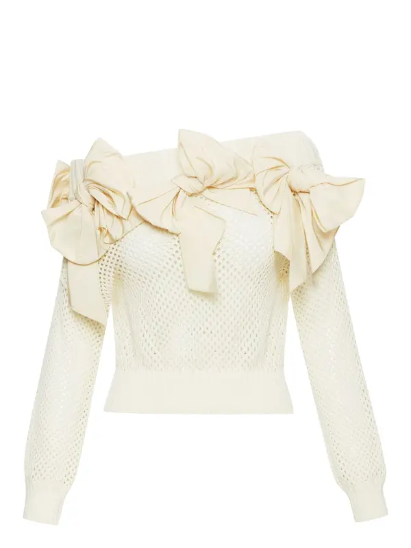Oscar De La Renta Bow-embellished Pointelle-knit Jumper - White