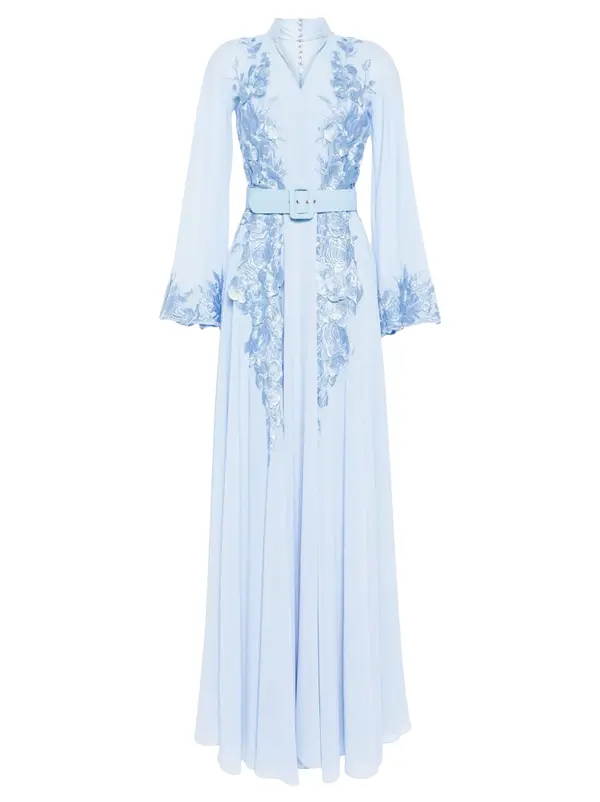 SAIID KOBEISY Floral-embroidered Beaded Kaftan Dress - Blue
