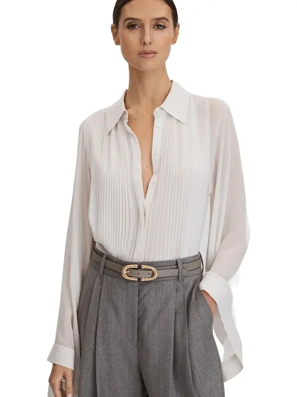 REISS Magda Pleated Blouse - Pale Blue