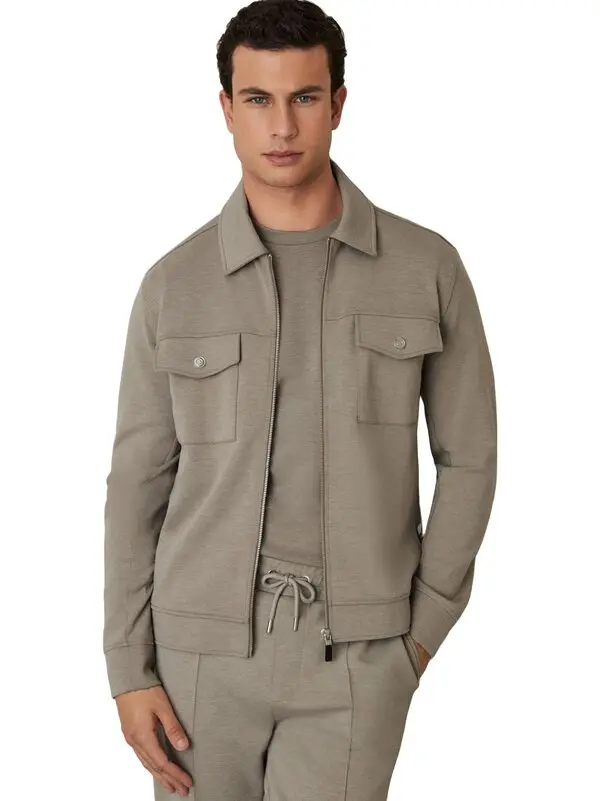 REISS Medina Interlock Jersey Zip-through Jacket - Taupe