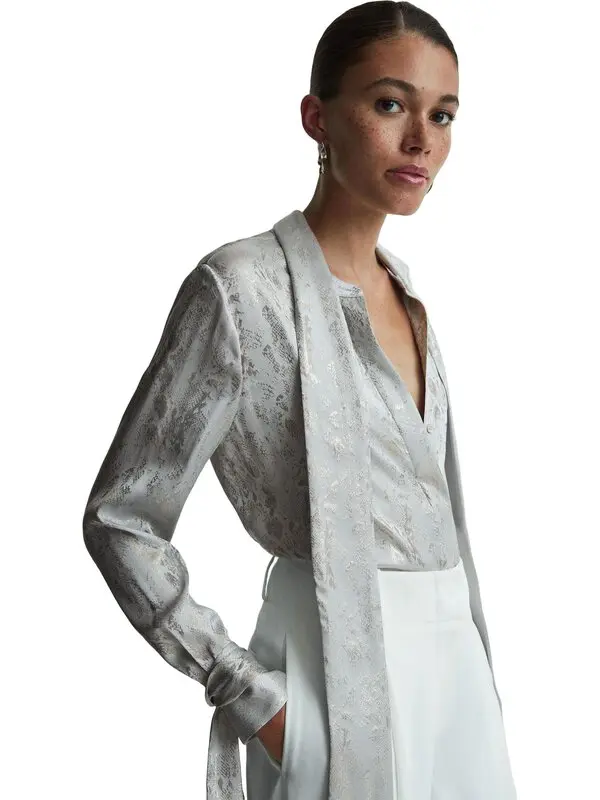 REISS Palma Metallic Tie-detailed Blouse - Silver