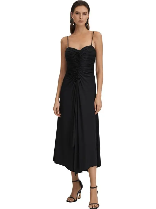 Halston Ruched Jersey Midi Dress - Black