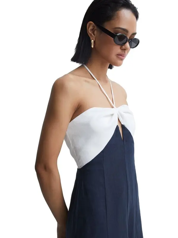 REISS Linen Color Block Midi Dress - Navy
