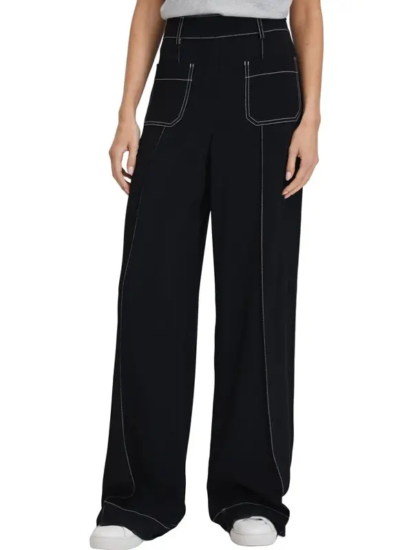REISS Kylie Petite Contrast Stitch Wide Leg Trousers - Black