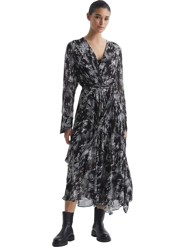 REISS Callie Belted Ruffle Printed Midi Dress - Black