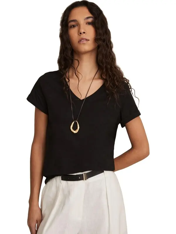 REISS Luana Cotton-jersey V-neck T-shirt - Black
